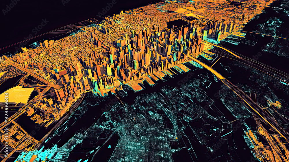 Technical aerial visual, 3D LiDAR GIS aerial map satellite scan model ...
