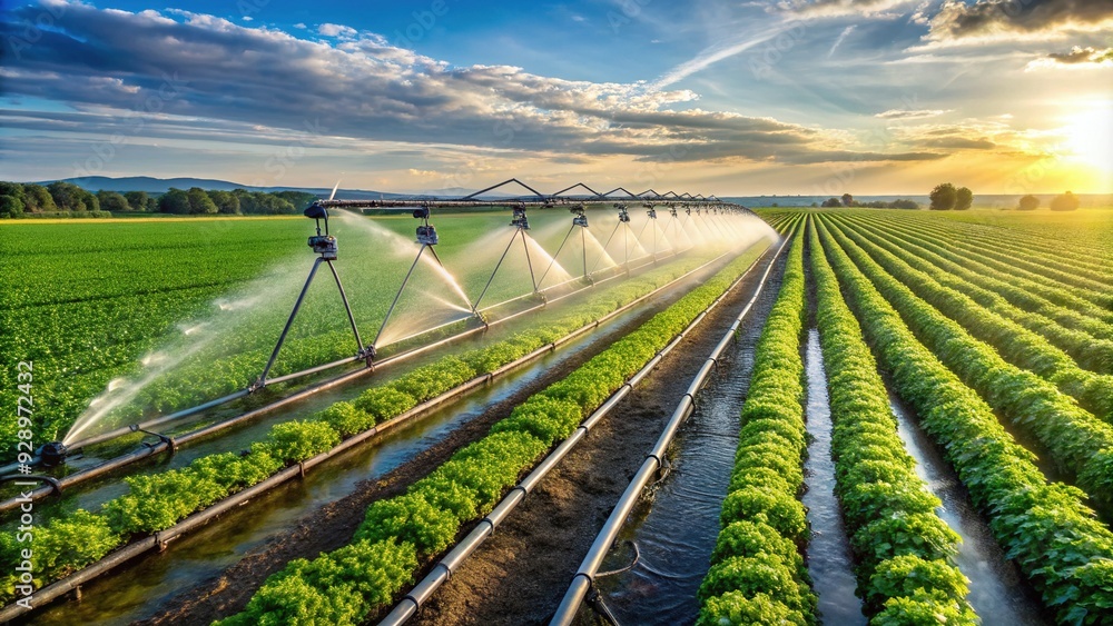 Irrigation system with water flowing through pipes across lush green ...