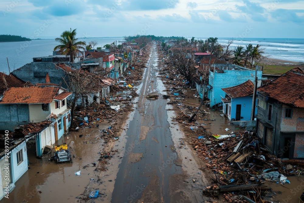 An image depicting the flooded streets of a town in the aftermath of a ...