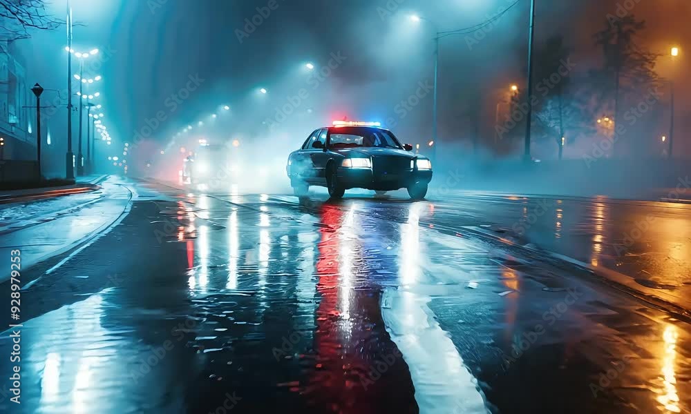 Night Patrol: A lone police car speeds through a rain-slicked city ...