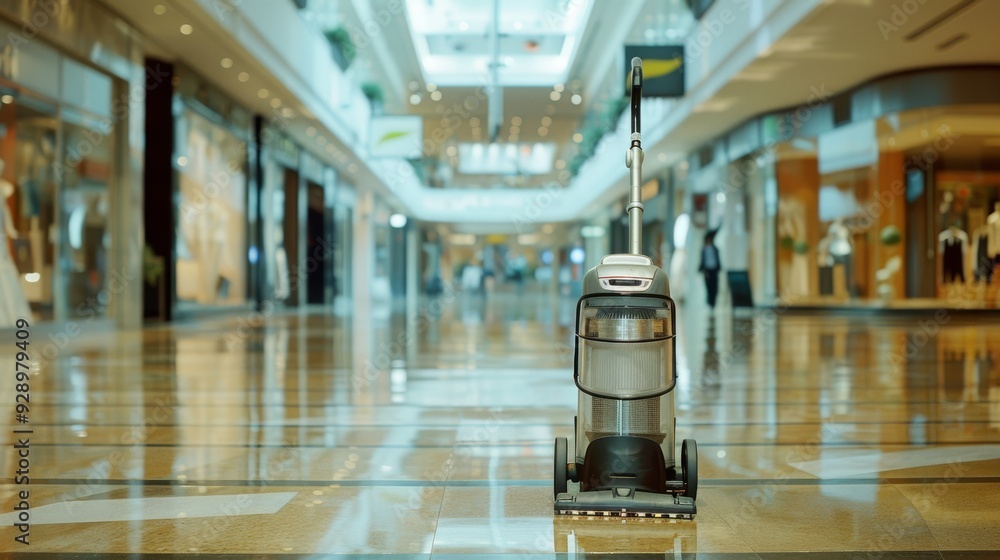 An industrial floor cleaner machine stands in the polished and ...