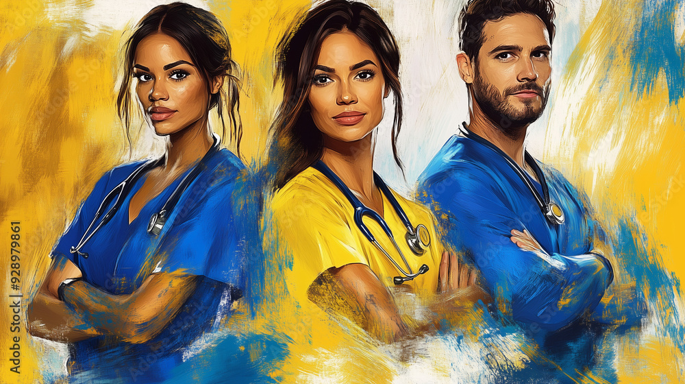 Three young and beautiful doctors, two men in blue coats with ...