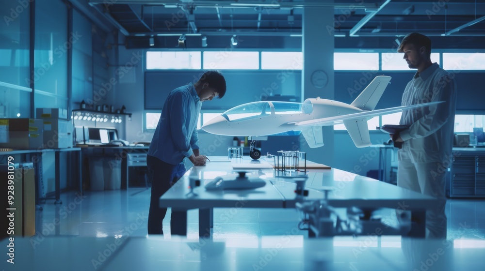 Engineers examining and studying an aircraft model in a sleek, modern ...