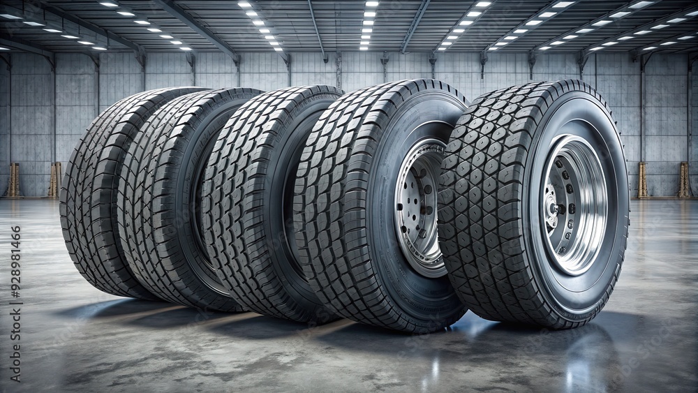 Large, heavy-duty semi-truck tires with deep treads and rims, standing ...