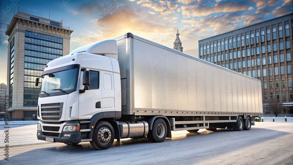 Large refrigerated semi-trailer truck with frosty doors and wheels ...