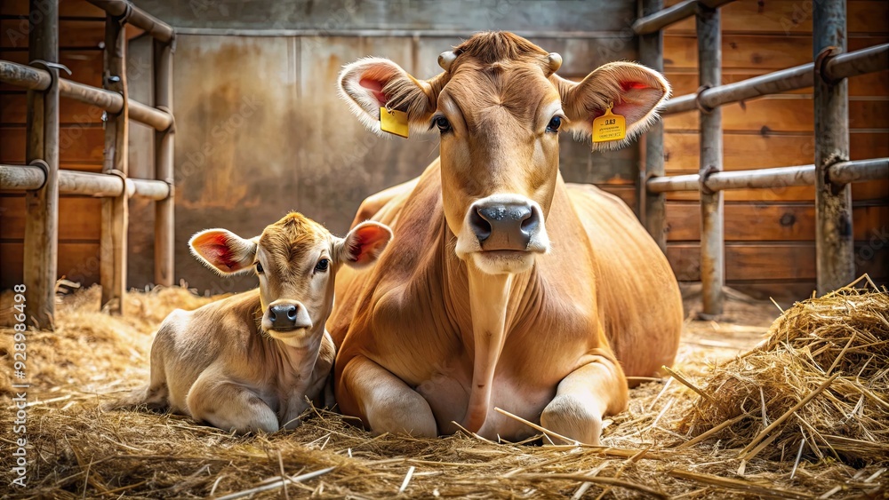 Mother cow and calf resting on hay in a cozy cowshed, beige, cow, calf ...