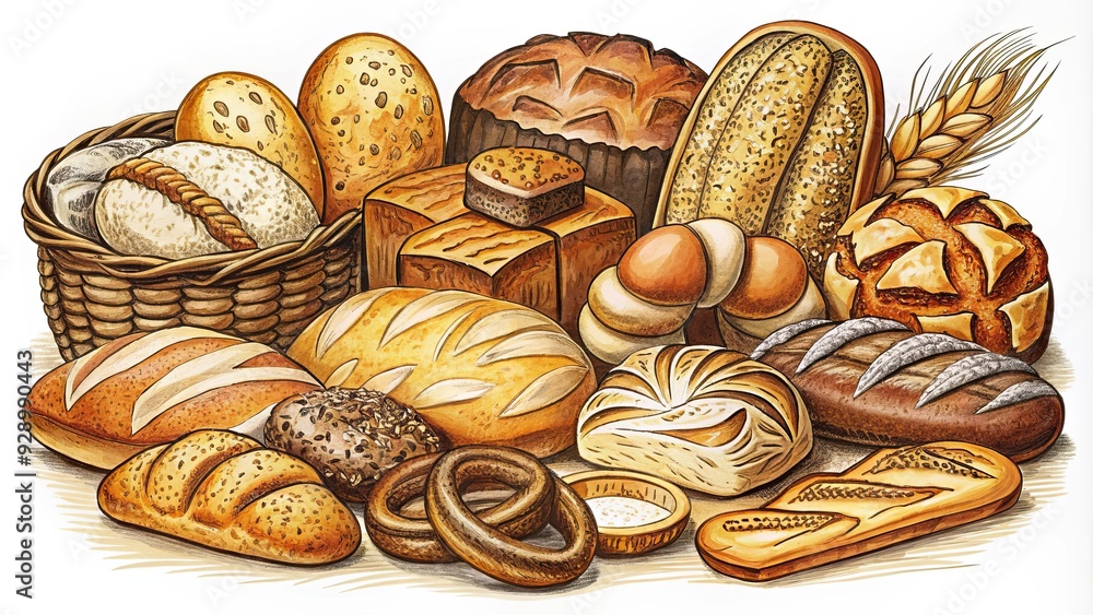 Freehand drawing of a variety of bread types , bakery, sketch, hand ...