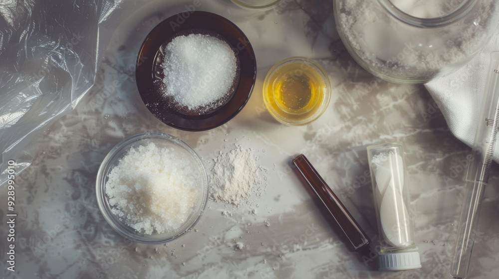 A combination of laboratory materials, including various powders in ...