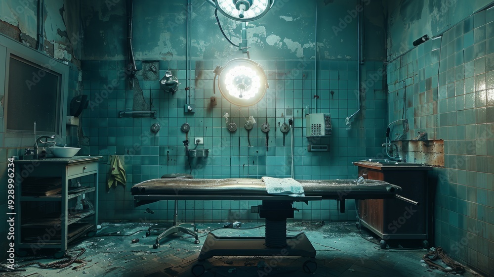 Abandoned surgical room with a vintage operating table and peeling ...