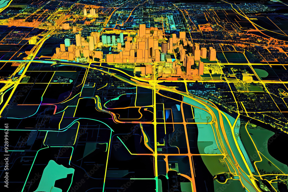 Technical aerial visual, 3D LiDAR GIS aerial map satellite scan model ...
