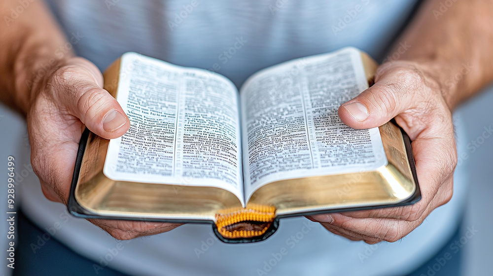 hands holding an open Bible, captured from an overhead angle Stock ...