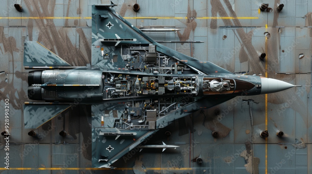 A military aircraft with its internal mechanisms visible, displayed on ...