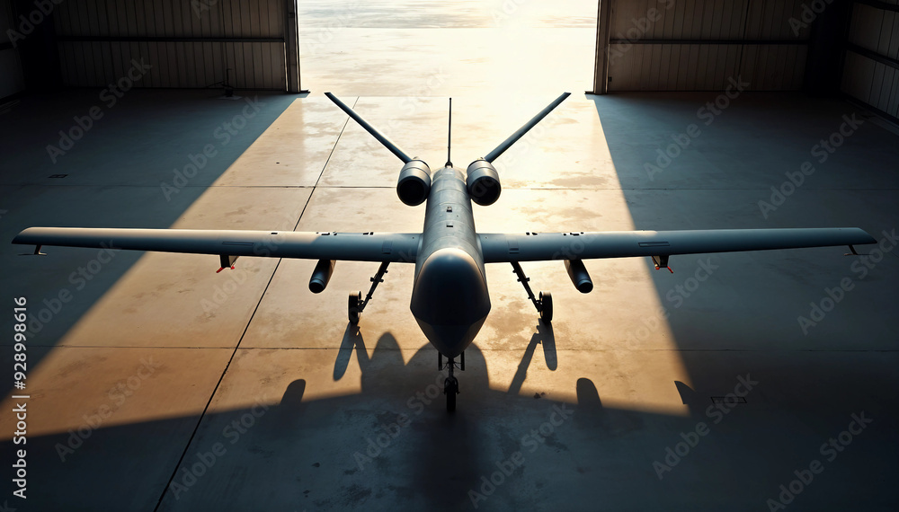Inside a dim hangar, an MQ-9 Reaper drone is illuminated, casting ...