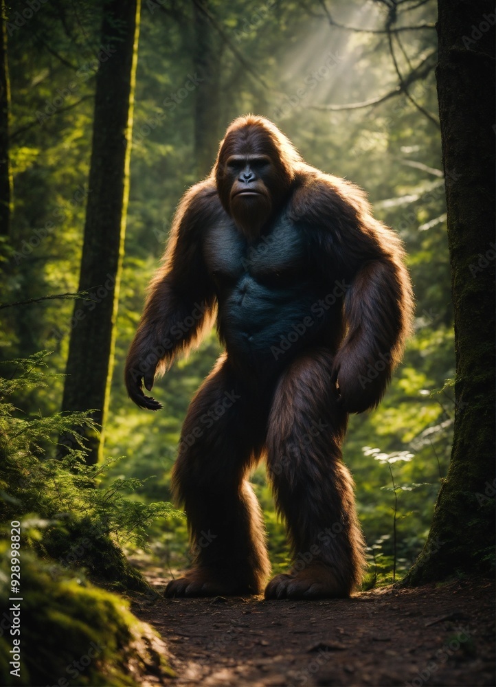 Bigfoot sasquatch moody lighting in a dark forest best quality full ...