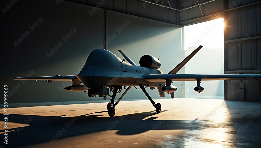 Inside a dim hangar, an MQ-9 Reaper drone is illuminated, casting ...