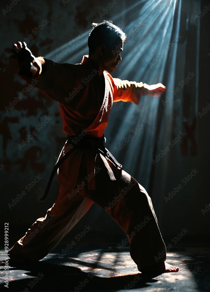 Volumetric lighting light rays a martial artist in a fight pose in a ...