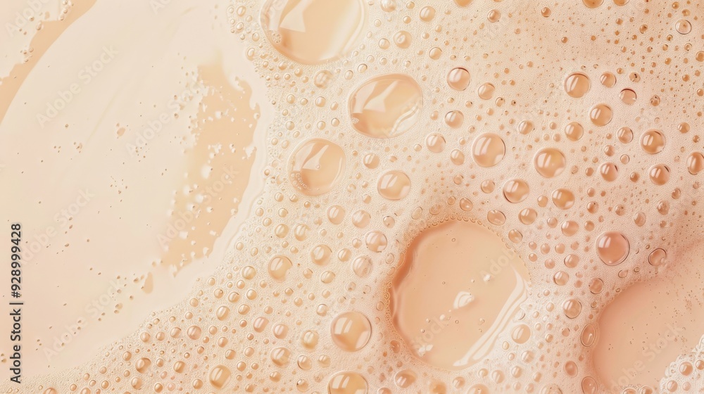 Abstract close-up of light pink foam bubbles, creating a delicate and ...