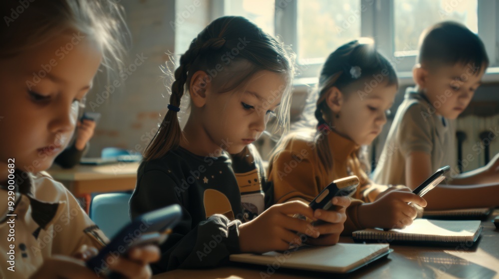 Children intensely engaged with their smartphones in a classroom ...