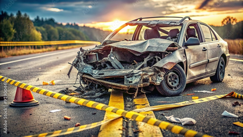 Mangled car wreckage strewn across asphalt, twisted metal and shattered glass surrounded by ...