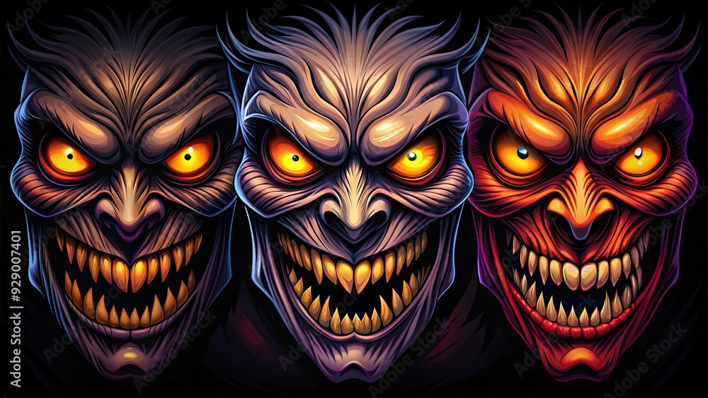 Menacing creepy vector faces with glowing eyes, twisted mouths, and ...