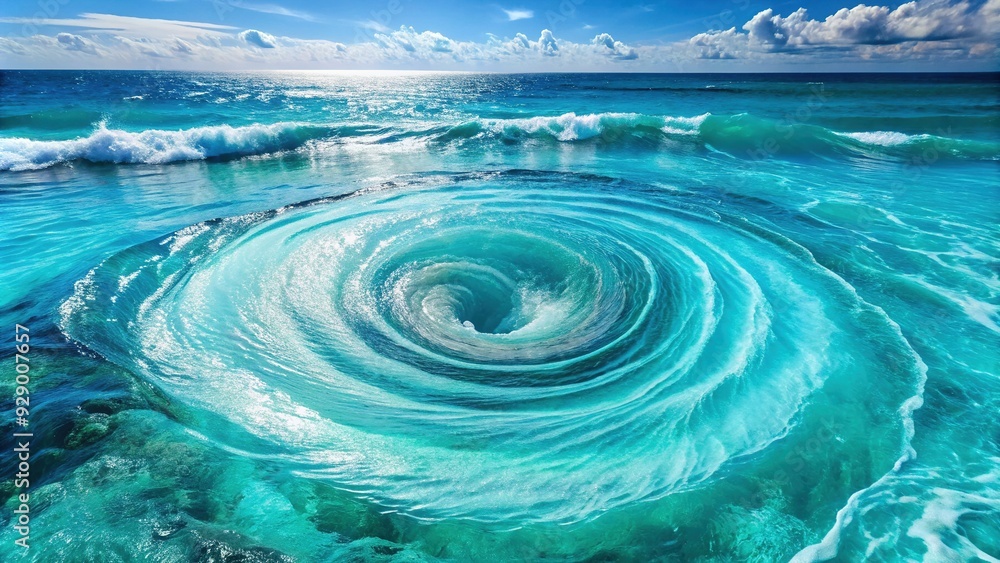 Mesmerizing turquoise water swirls in intricate, hypnotic patterns, creating a whirlpool effect ...