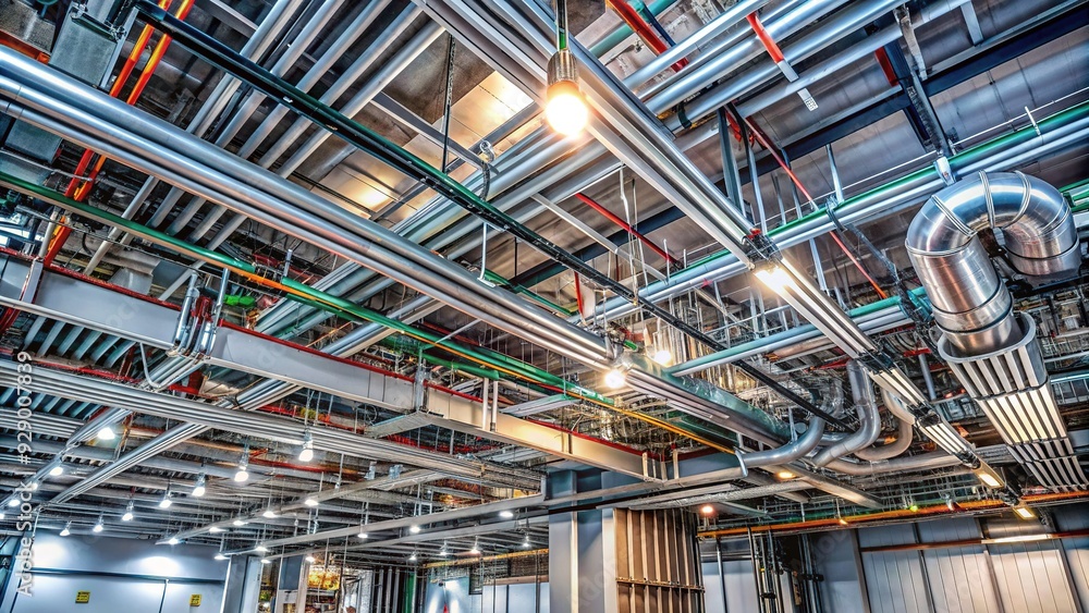 Metallic electric conduit pipes and fittings hang from a commercial ...