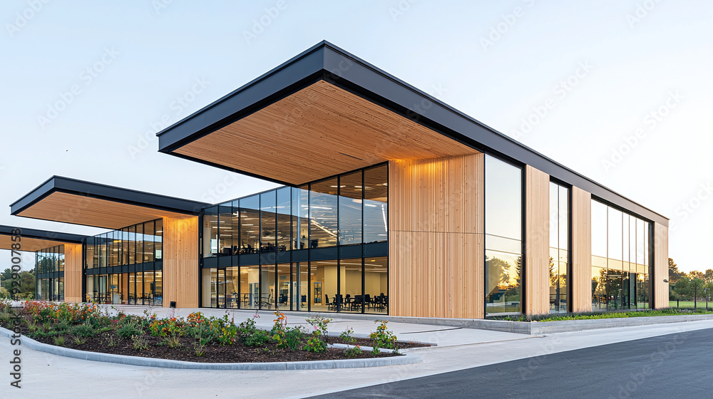 the exterior view of a nearly completed modular wooden office building ...