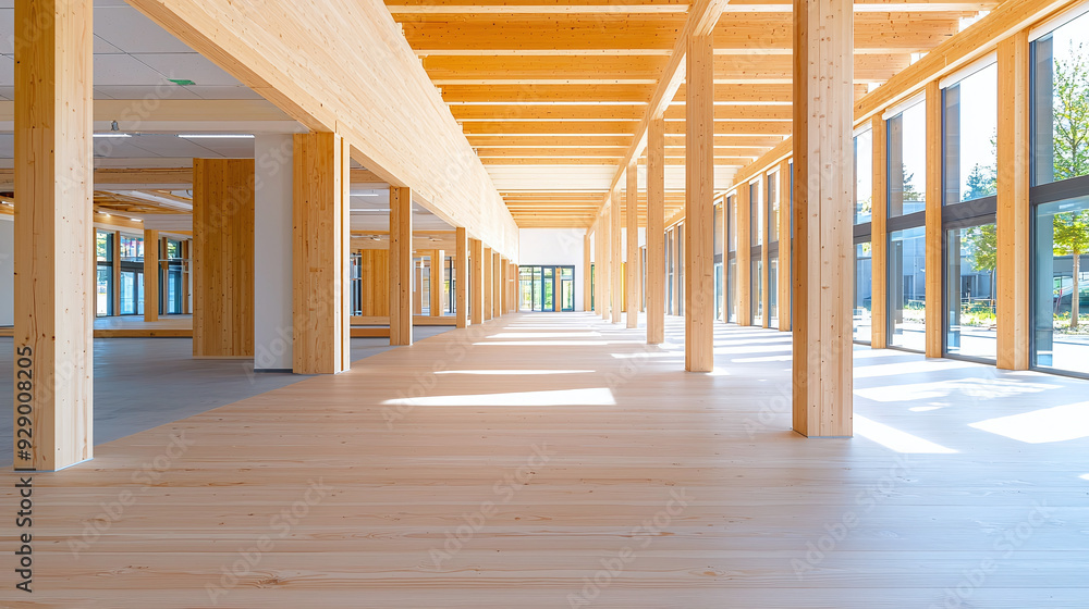 the interior framework of a modular wooden office building under ...