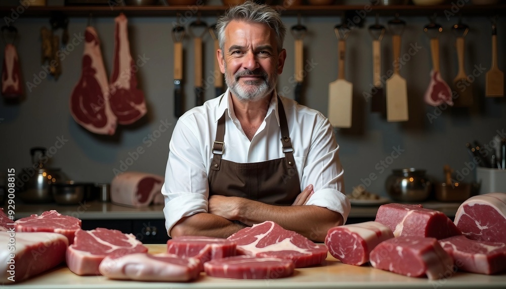 A seasoned butcher stands proudly behind a marble block, displaying ...