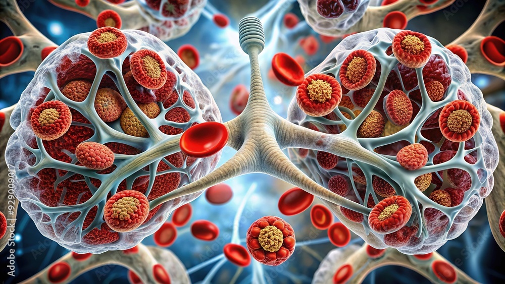 Microscopic illustration of inflamed lung tissue showing swollen ...