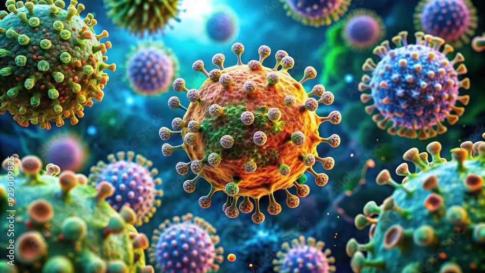 Microscopic view of cytomegalovirus (CMV) infected cells, illustrating ...