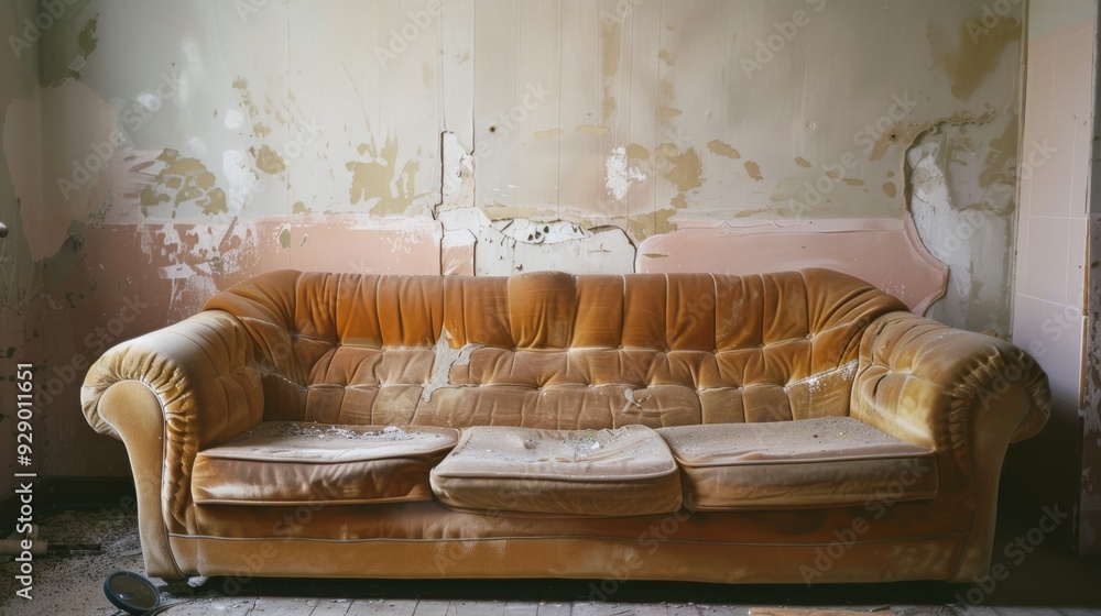 An abandoned brown velvet sofa in a dilapidated room with peeling paint ...