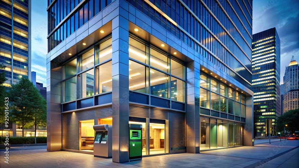 Modern bank exterior with sleek glass and steel facade, multiple ATMs ...