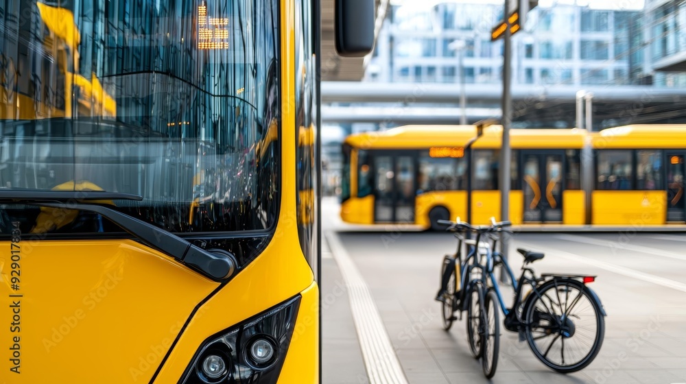 A public transportation hub with electric buses, trains, and bike ...