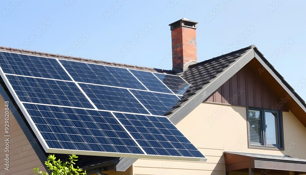 Black solar panels are installed on a house on a clear sunny day. Power ...