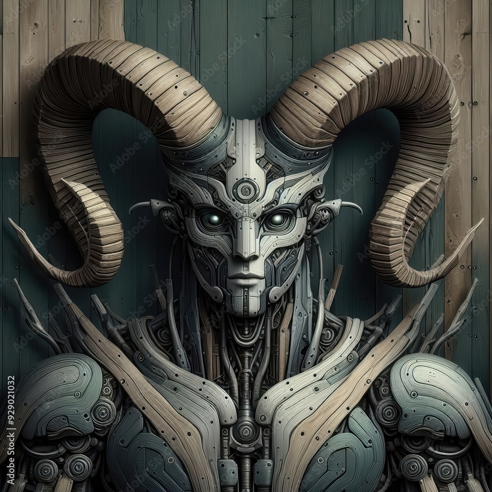 A futuristic humanoid robot with ram horns, blending technology and ...