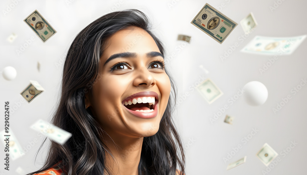 Winning a lottery concept. Smiling young Indian woman, happy expression, mouth open of ...