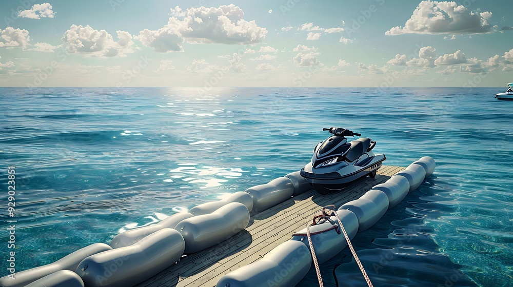 Jet ski tied by a rope to a modular floating plastic pontoon berth at ...