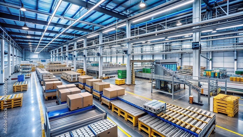 Modern factory interior with rows of shiny machinery, conveyors, and ...