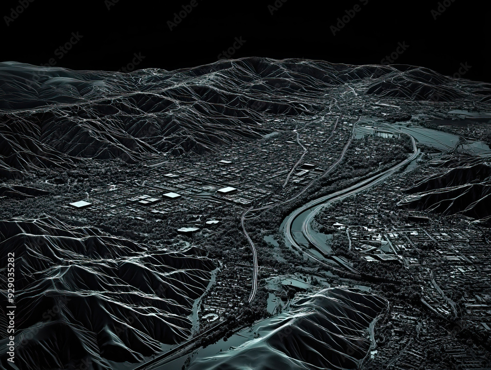 Technical aerial visual, 3D LiDAR GIS aerial map satellite scan model ...
