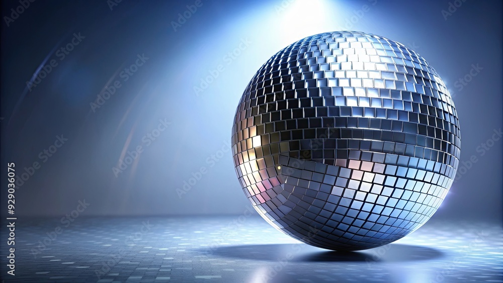 Disco mirror ball reflecting silver light on a clear background ...