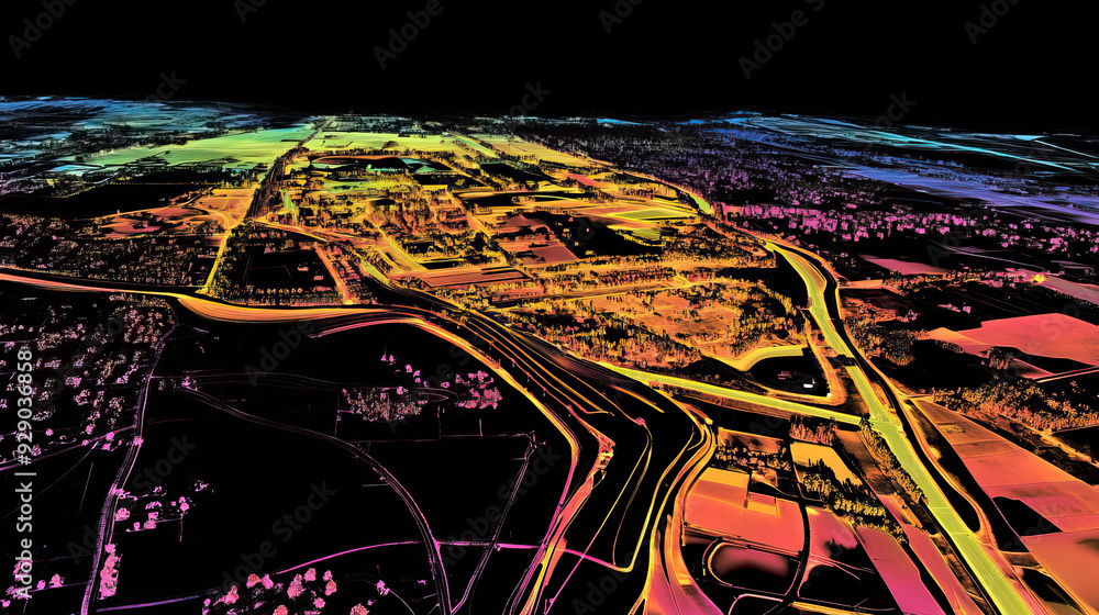 Technical aerial visual, 3D LiDAR GIS aerial map satellite scan model ...
