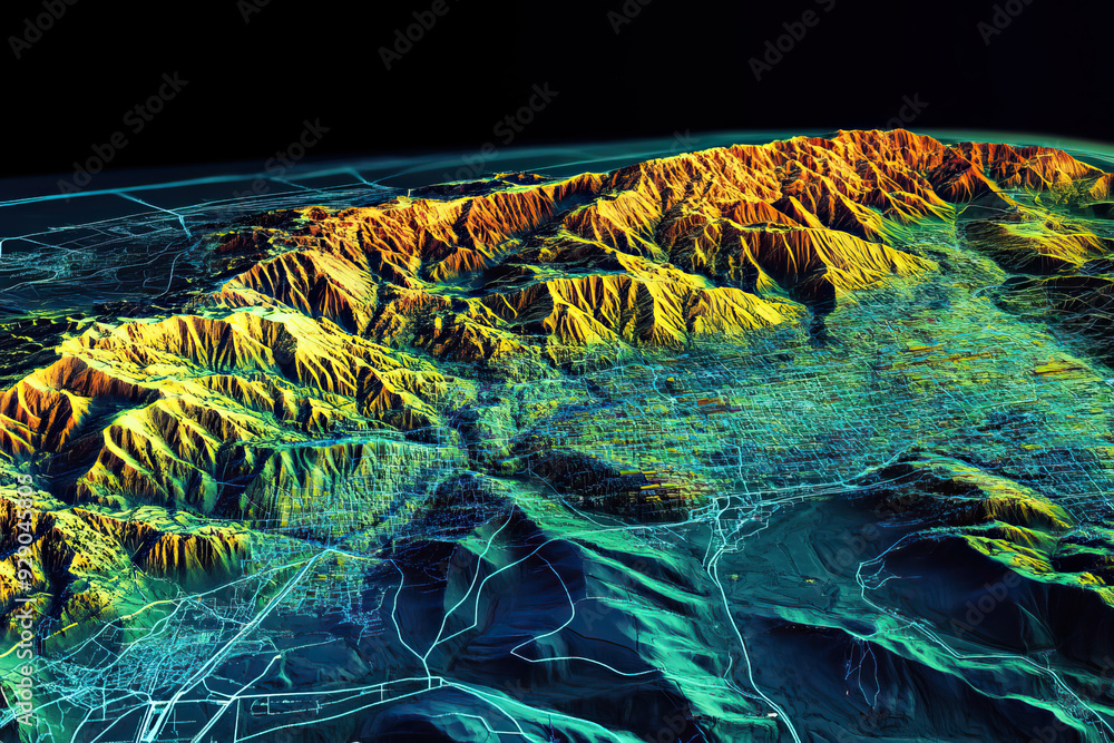 Technical aerial visual, 3D LiDAR GIS aerial map satellite scan model ...