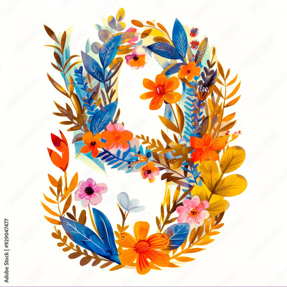Watercolor Number Nine with Nature Background. Blue and Yellow Floral ...