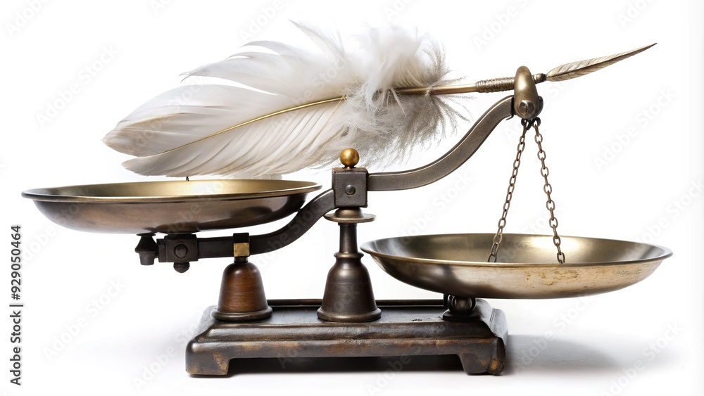 Foto de Old-fashioned balance scale tips precariously to one side, with ...