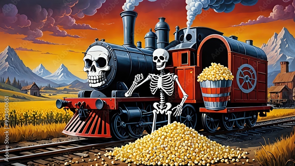 illustration of skeleton standing up in a train yard with lots of ...