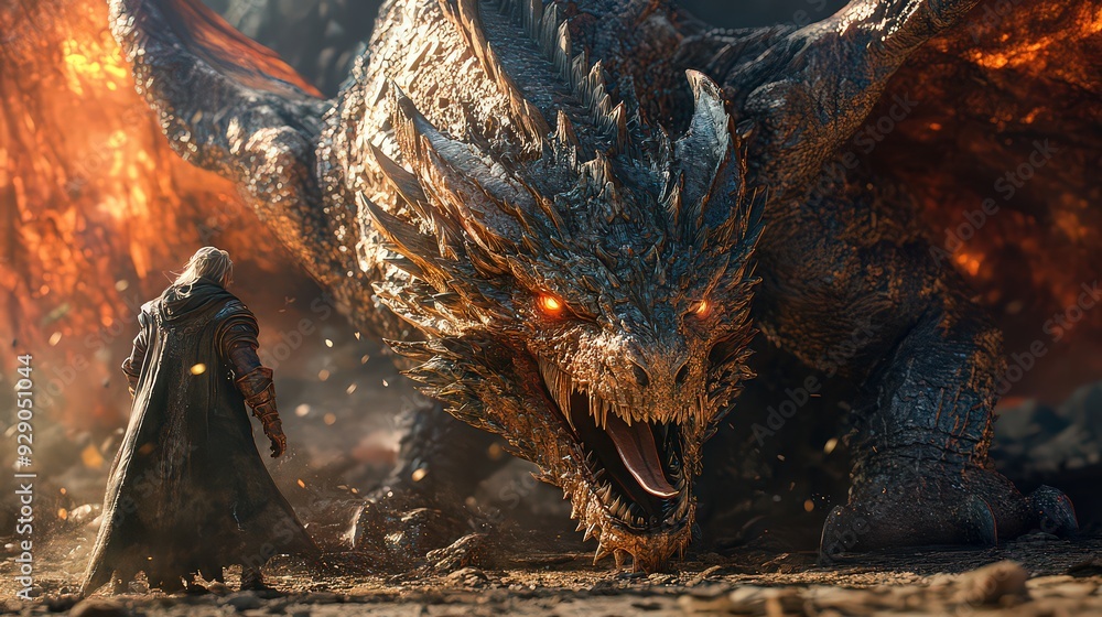 epic image of a dragon engaged in combat with a knight or other ...