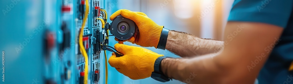 Close-up of hands connecting cables to a digital CCTV camera ...