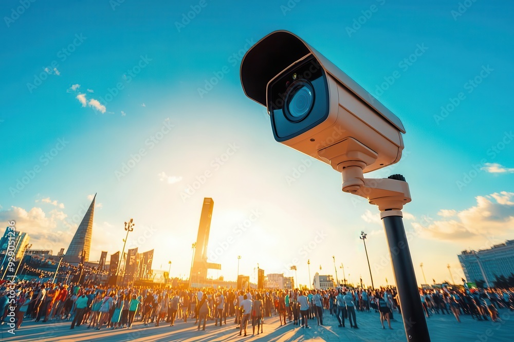 Live footage from a CCTV camera covering a public square, system ...