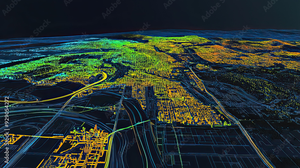 Technical aerial visual, 3D LiDAR GIS aerial map satellite scan model ...